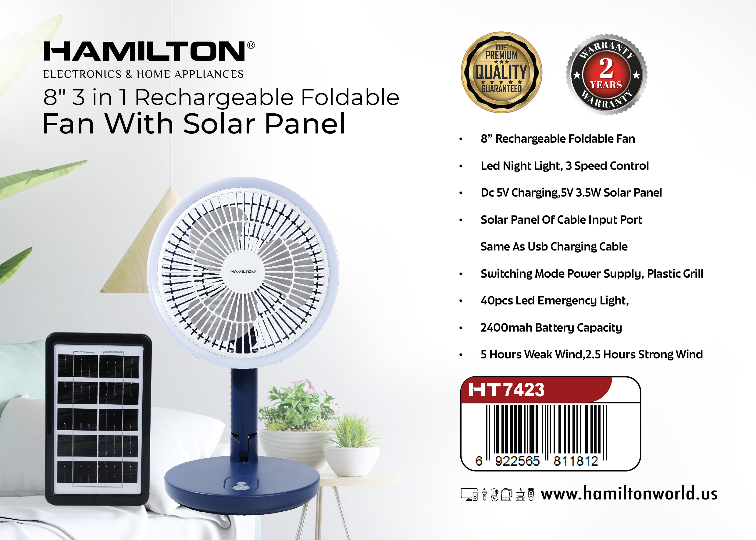 Rechargeable 8" Foldable Fan With Solar Panel 3 in 1 - HT7423 - Hamilton
